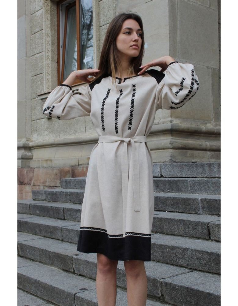 Beige Linen Embroidered Ukrainian Vyshyvanka Dress | Boho Ethnic Cafta